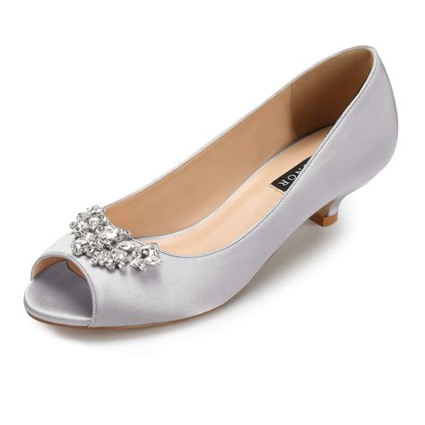 Erijunor Women Comfort Low Kitten Heels Rhinestones Peep Toe Wedding