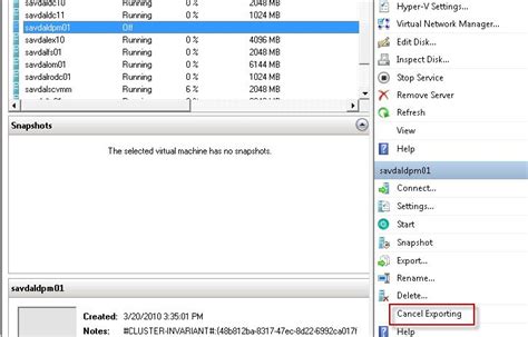 q hyper vの仮想マシン vm のエクスポートを始めた後にキャンセルが必要な時に、どのようなプロセスが停止に必要ですか？ クライム