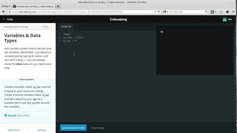 Codecademy Introduction To Ruby 13 16 Variables And Data Types Youtube