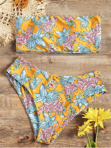 High Cut Floral Bandeau Bikini Set Yellow Bikinis S Zaful