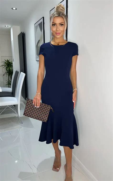 Short Sleeve Bodycon Midi Mermaid Dress In Navy Miss Floral