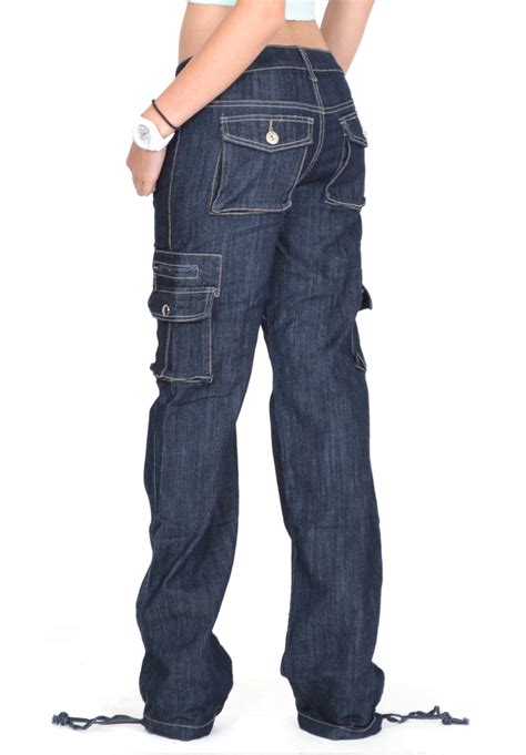 New Womens Ladies Dark Wash Wide Loose Denim Cargo Jeans Combat Pants