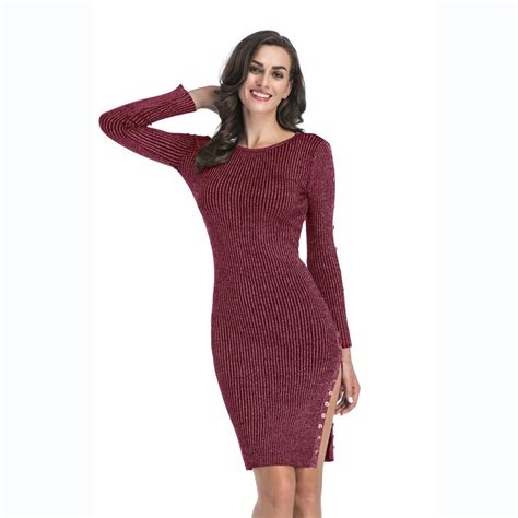 Elegant Split Knitted Bodycon Dress Women Long Sleeve Sexy Party