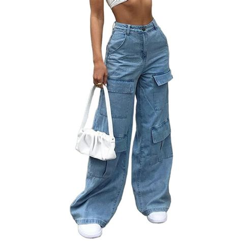 Focusnorm Womens High Waist Baggy Jeans Flap Pocket Relaxed Fit