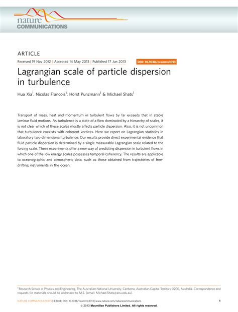 Pdf Lagrangian Scale Of Particle Dispersion In Turbulence