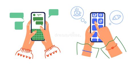 Hand Holding Smartphone Set Flat Vector Illustration Stock Vector
