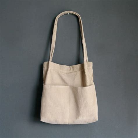 Double Pocket Soft Corduroy Tote Bag Beige Women Tote Bag Corduroy