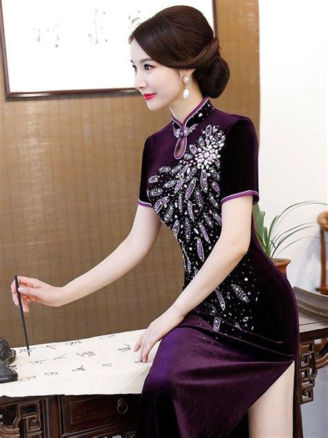 Purple Velvet Long Beaded Qipao Cheongsam Dress Cheongsam Dress