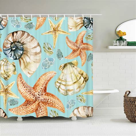 3d Cartoon Ocean Starshell Printing Shower Curtain Polyester Waterproof