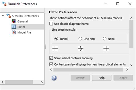 settings for simulink editor and model files matlab