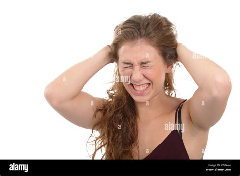 Frustrated Woman Pulling Her Hair Isolated On White Background Stock