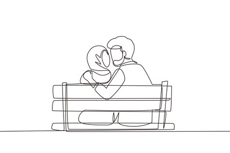 Continuous One Line Drawing Back View Arabian Couple Kissing Sitting On