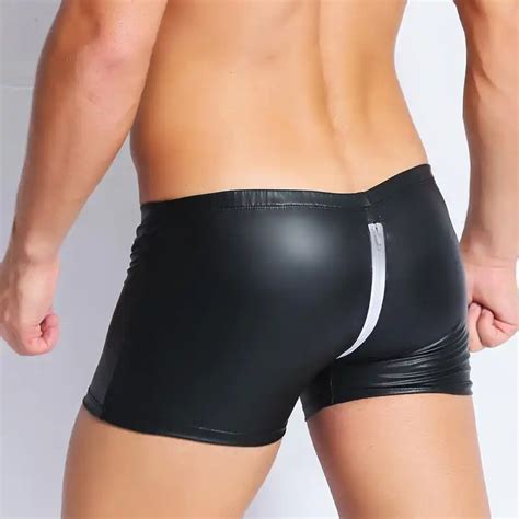 Sexy Men Shiny Faux Leather U Pouch Boxers Shiny Underwear Boxers