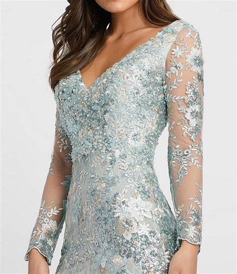 Mac Duggal Floral Embroidered Lace Sequin Embellished V Neck Illusion