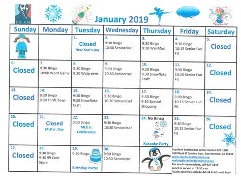 Senior Center Activities For January 2019