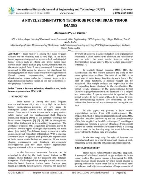 Irjet A Novel Segmentation Technique For Mri Brain Tumor Images Pdf