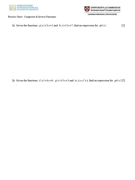 Functions Practice Sheet Composite Inverse Pdf