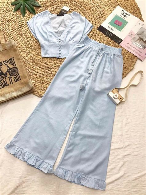 Shein Surplice Wrap Layered Ruffle Sleeve Knotted Top And Pants Set Artofit