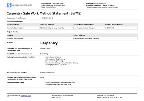carpentry safe work method statement [free editable swms]