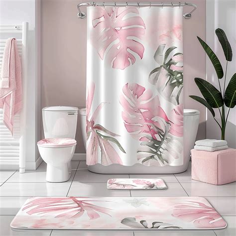 Chic Floral Shower Curtain Set Watercolor Pink Leaves And Flowers