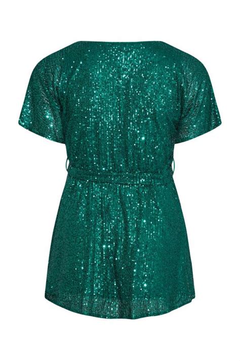 Yours London Plus Size Emerald Green Sequin Embellished Wrap Top