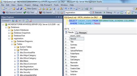 retrieving column names of a table in sql server 2012