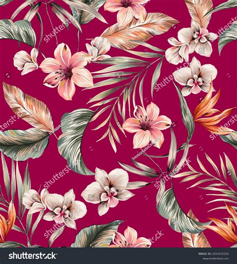 Seamless Pattern Tropical Exotic Flowers Leaves Stock Illustration