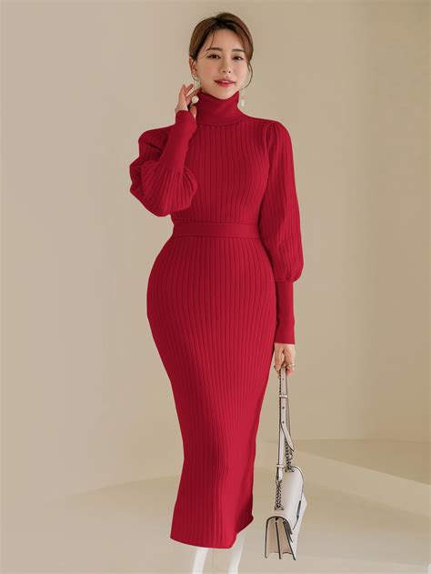 Vestidos De Tricô Pescoço De Tartaruga Manga Gigot Com Cinto In 2023