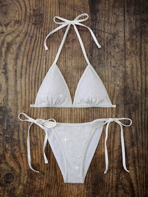 Shein Swim Sxy Sparkly Sequin Bikini Set Micro Triangle Bra And Thong