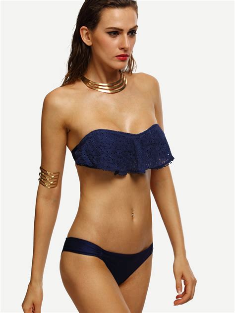 Navy Flower Lace Ruffled Bandeau Bikini Set Shein Sheinside