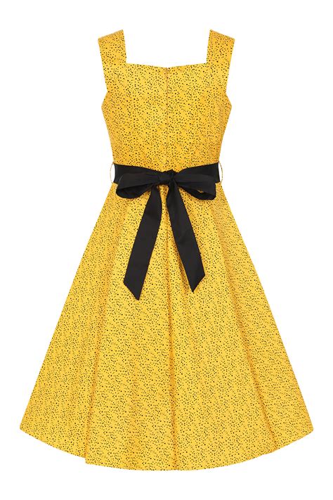 Patricia Polka Dot Swing Dress In Yellow Hearts And Roses London