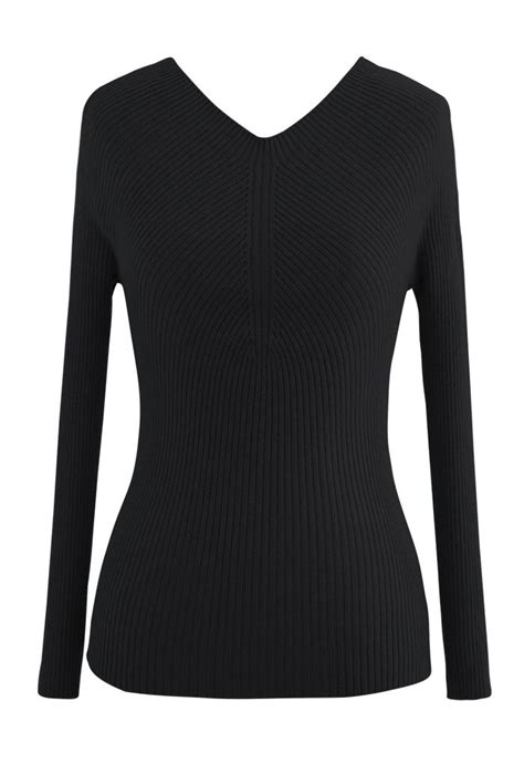 Seamless V Neck Ribbed Knit Top In Black Retro Indie And Unique Fashion
