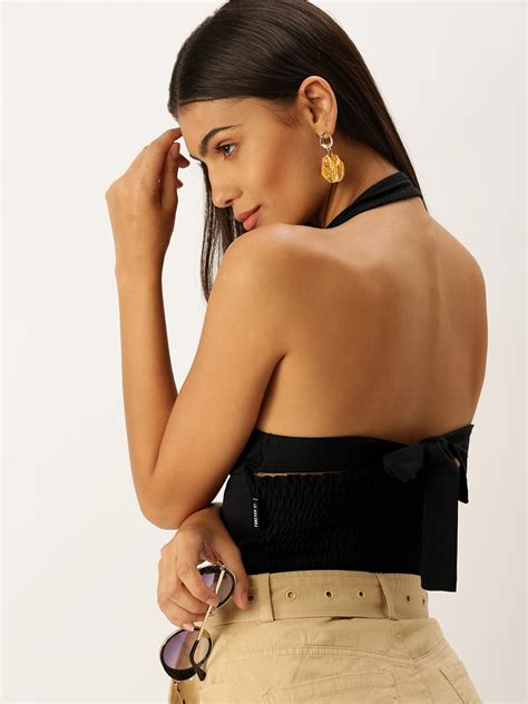 Buy Forever 21 Women Black Halter Neck Smocked Styled Back Top Tops