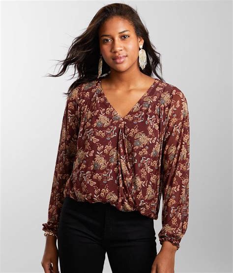 Daytrip Floral Mesh Surplice Top Womens Shirts And Blouses In Burgundy