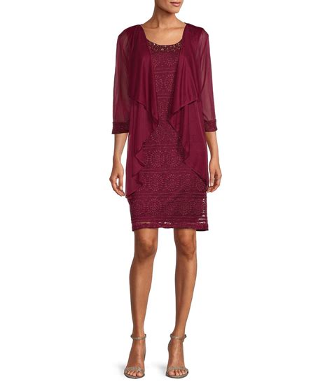 R And M Richards Glitter Lace Beaded Scoop Neck 3 4 Sleeve 2 Piece