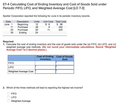 solved e7 4 calculating cost of ending inventory and cost of