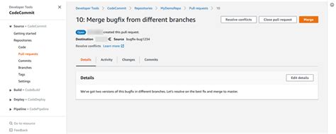 resolve conflicts in a pull request in an aws codecommit repository