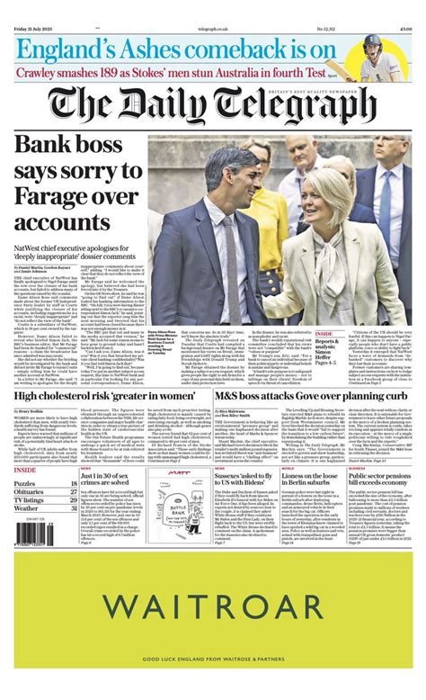 Daily Telegraph Front Page 21st Of July 2023 Tomorrows Papers Today