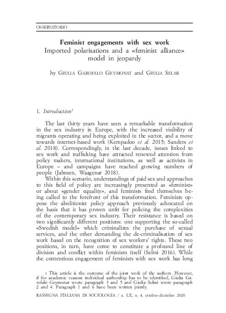 Pdf Feminist Engagements With Sex Work Imported Polarisations And A