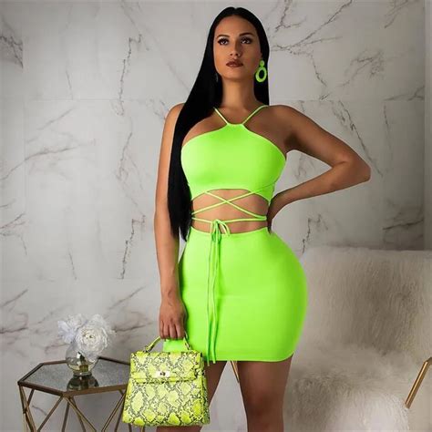 Womens Sexy Two Piece Set Party Club Summer Outfits For Women Neon Crop