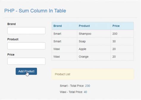 php sum column in table source code free source code