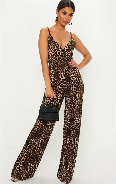Brown Leopard Print Wrap Over Strappy Plisse Jumpsuit Jumpsuit