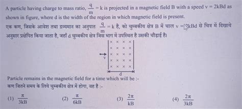 A Particle Having Charge To Mass Ratio Mq K Is Projected In A Magnetic
