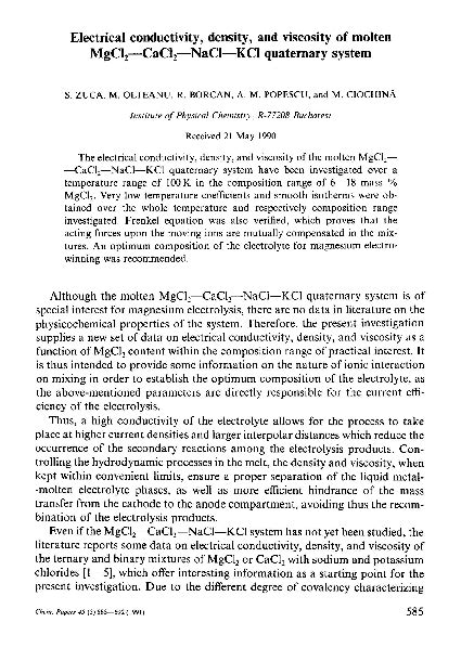 Pdf Electrical Conductivity Density And Viscosity Of Molten Mgcl2 Cacl2 Nacl Kcl Quaternary