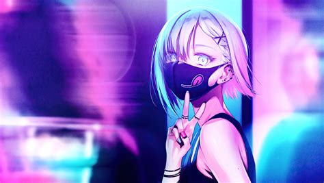 1360x768 Anime Girl City Lights Neon Face Mask 4k Laptop Hd Hd 4k