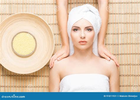 Beautiful Young And Healthy Woman On Bamboo Mat In Spa Salon Ha Stock