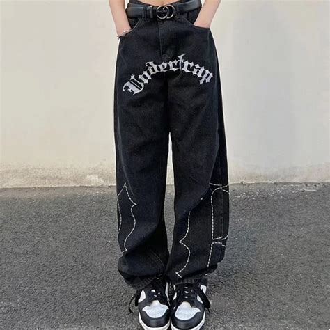 Dark Streetwear Carta Bordado Preto Baggy Homens Retos Calças De Jeans