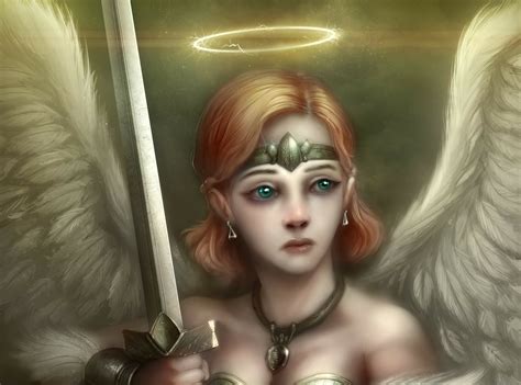 Download Orange Hair Short Hair Face Green Eyes Sword Wings Woman