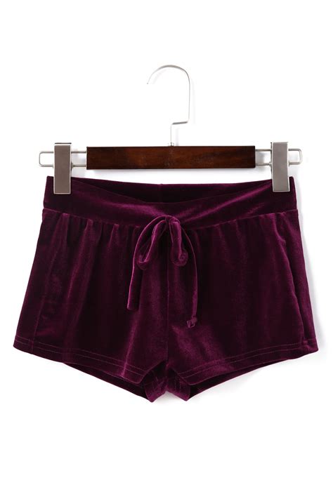 Burgundy Casual Velvet Drawstring Waist Sport Shorts With Folds Details