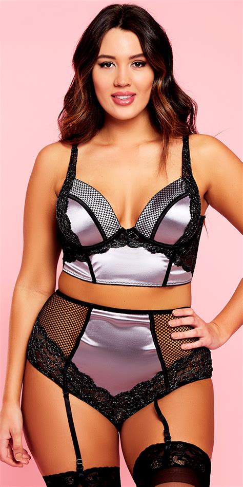 Plus Size Black And Grey Lace Mesh Satin Bra Set Womens Lingerie
